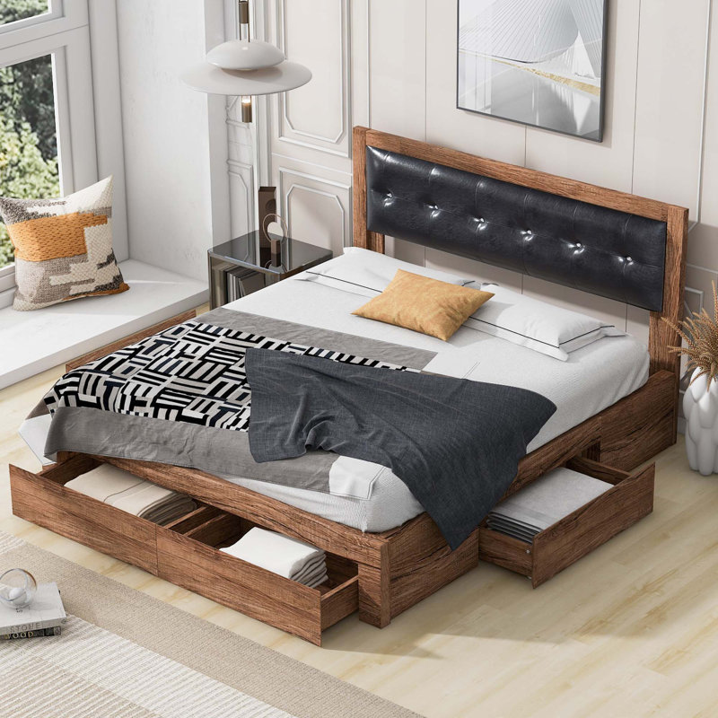 Millwood Pines Wood Platform Bed With Upholstered Headboard And 4 Drawers Wayfair